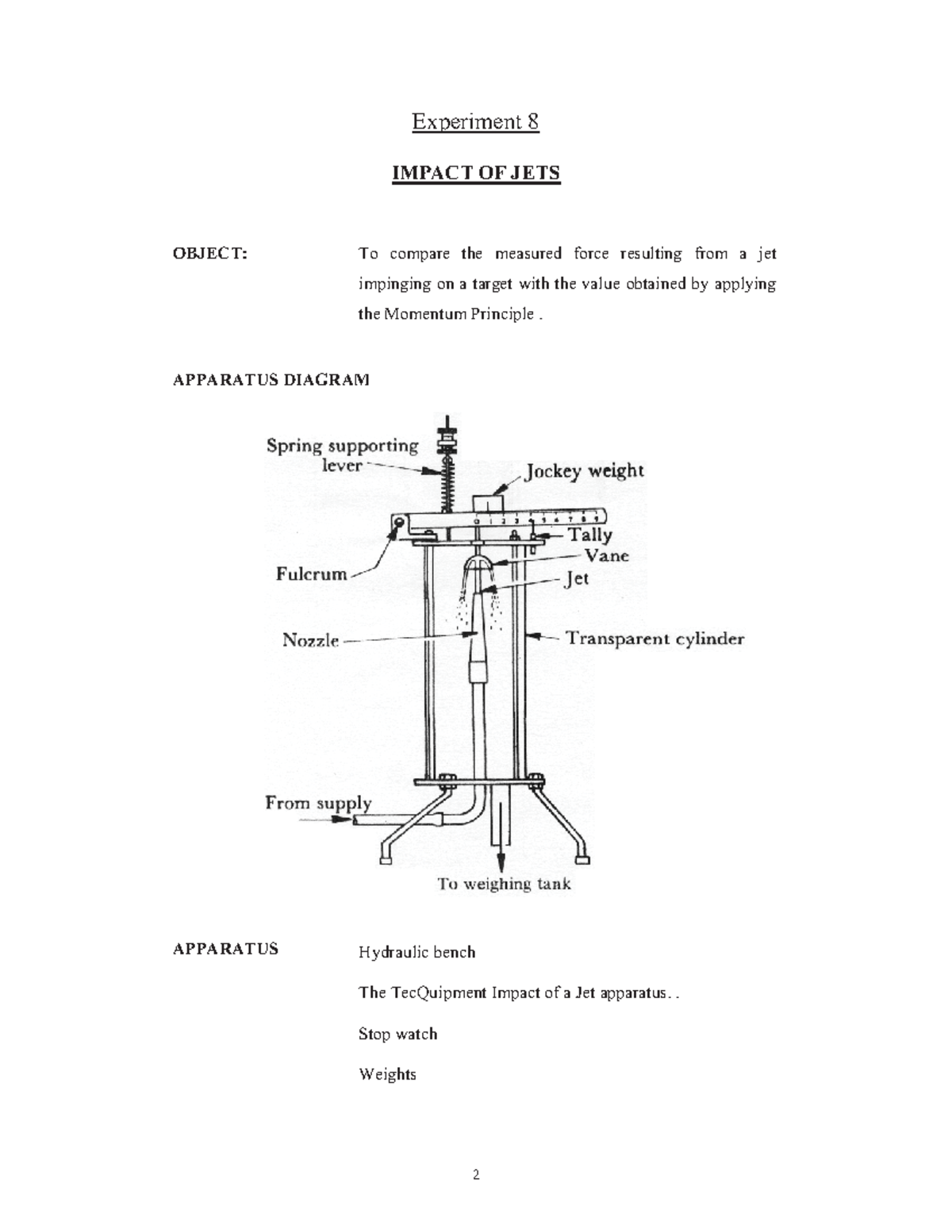 Experiment 7 - Impact of Jet - Experiment 8 IMPACT OF JETS OBJECT: To ...
