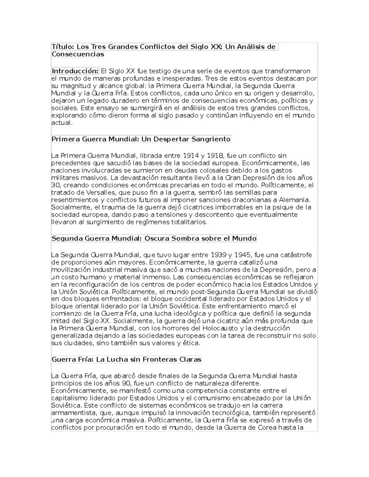 11. Integradora (1) ensayo derek quintero - Título: Los Tres Grandes Conflictos del Siglo XX: Un ...