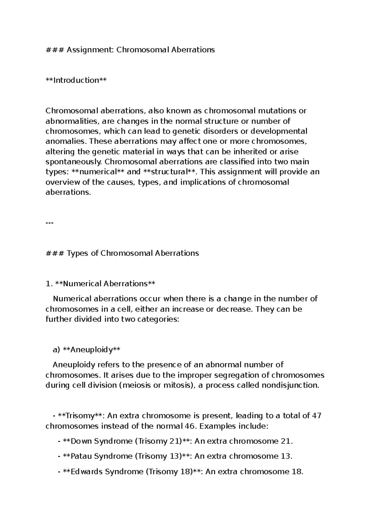 Assignment-2 - assignment 2 - Assignment: Chromosomal Aberrations Introduction Chromosomal - Studocu
