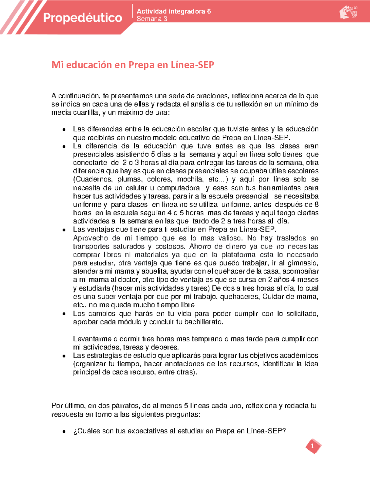 prepa en linea sep bgyig - 1 Actividad integradora 6 Semana 3 1 Mi educación en Prepa en Línea ...