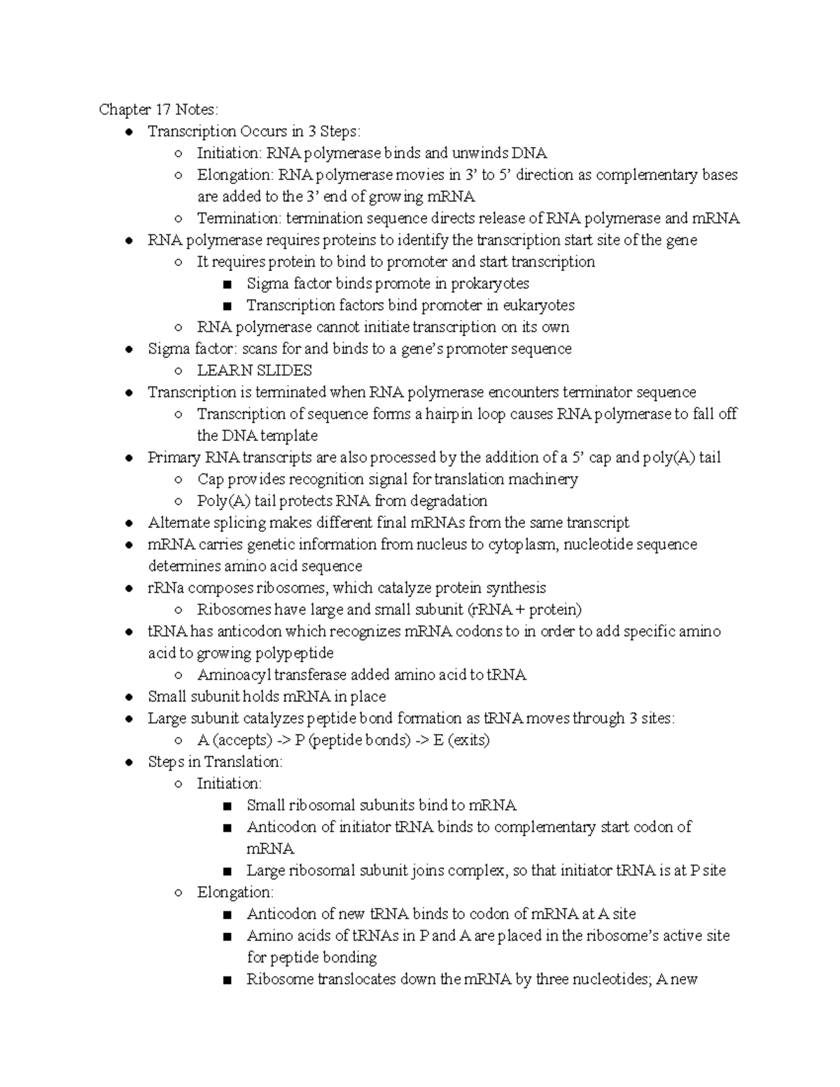 Chapter 17 Lecture Notes - Chapter 17 Notes: Transcription Occurs in 3 ...