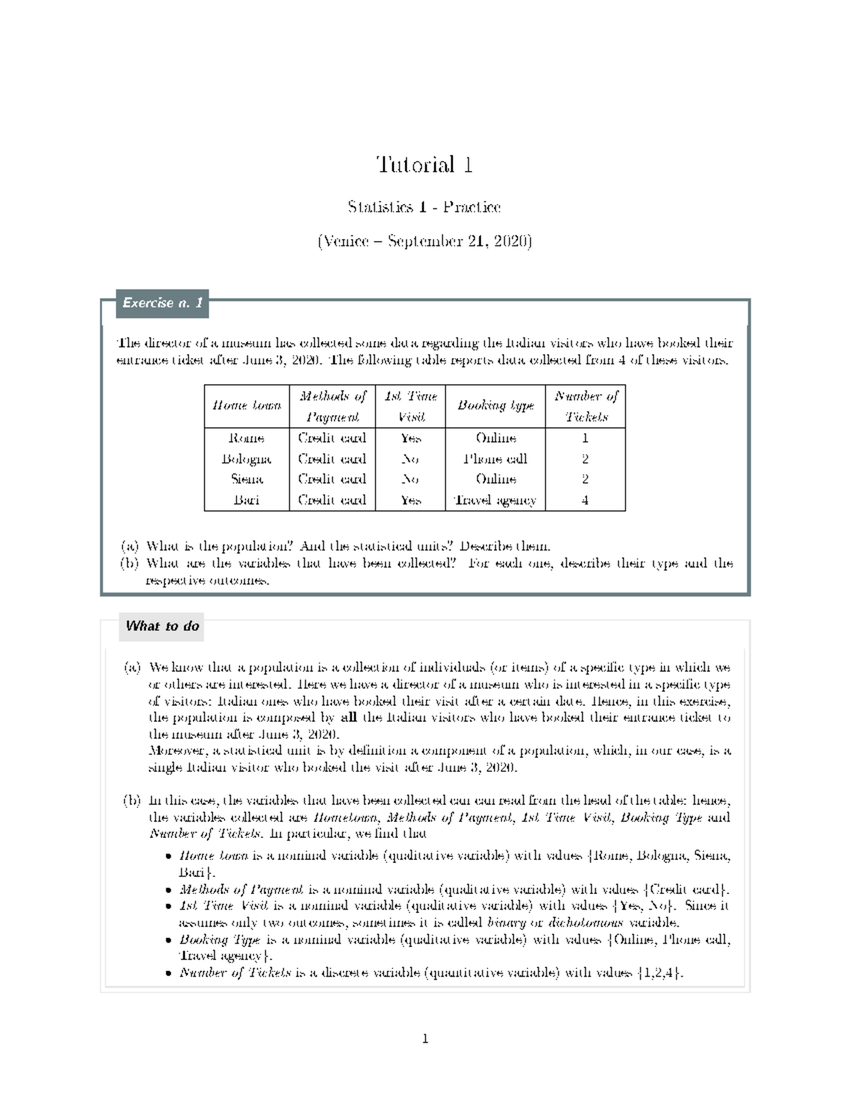 Tutorial 1 - Summary of the solutions of the exercises seen in class - Tutorial 1 Statistics 1 ...