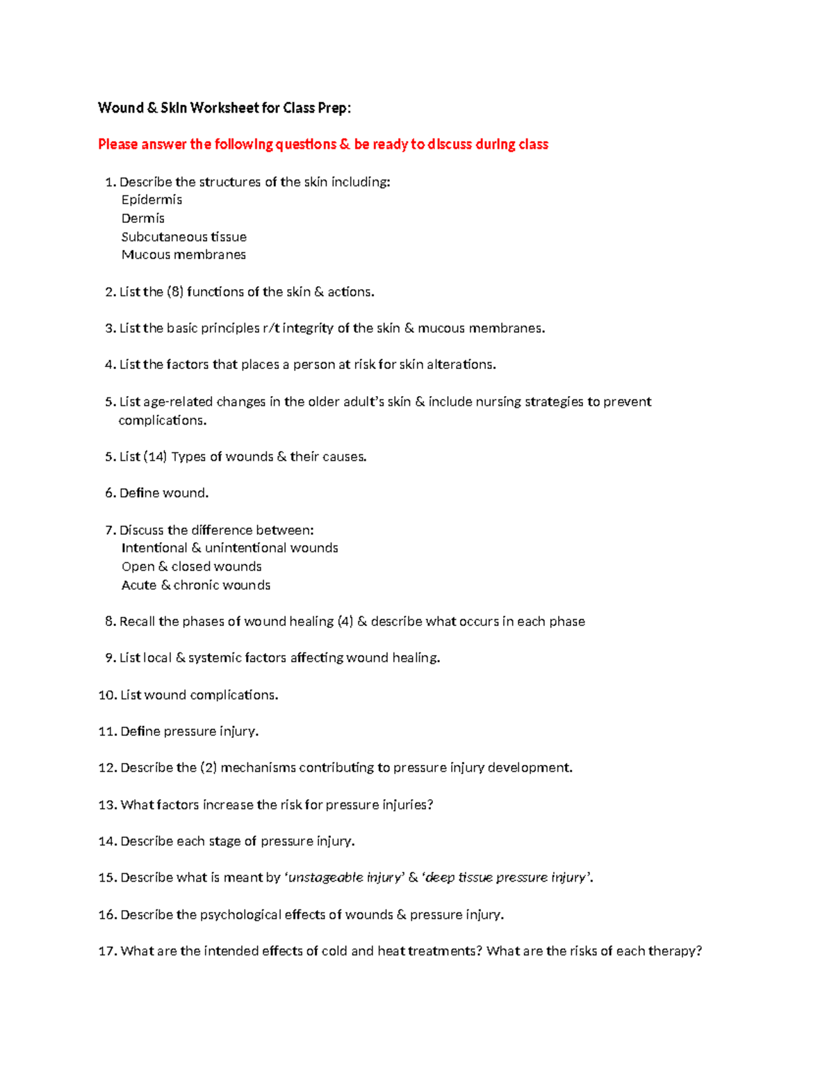 Wound Care Sheet NUR 102 1 - Wound & Skin Worksheet for Class Prep ...