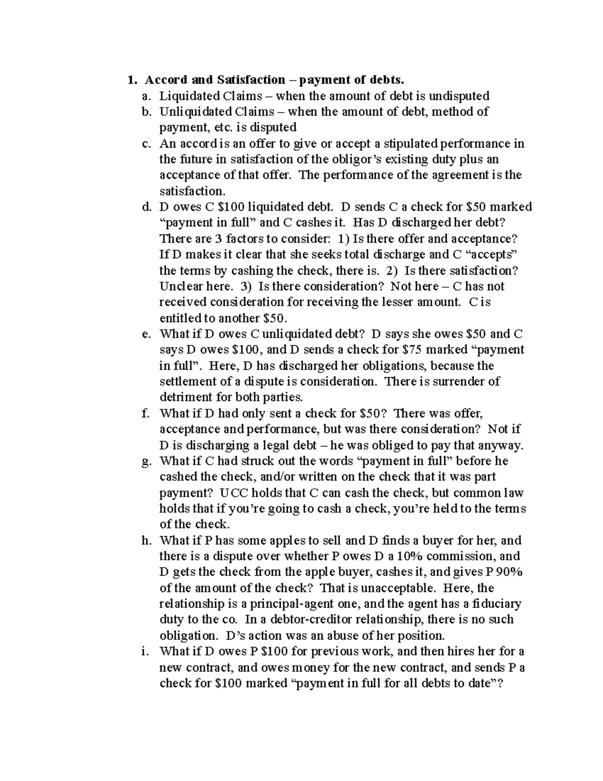 Contracts Law Outline - 3 - Accord and Satisfaction – payment of debts ...
