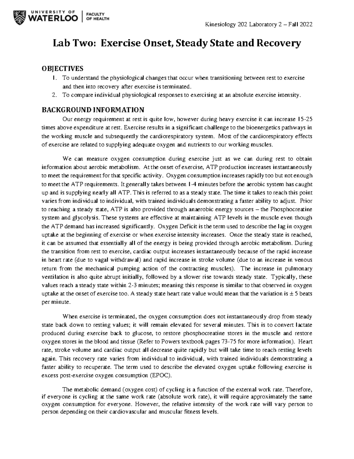 KIN 202 Lab Two - F2022 - kin 202 Lab 2 - Lab Two: Exercise Onset, Steady State and Recovery ...