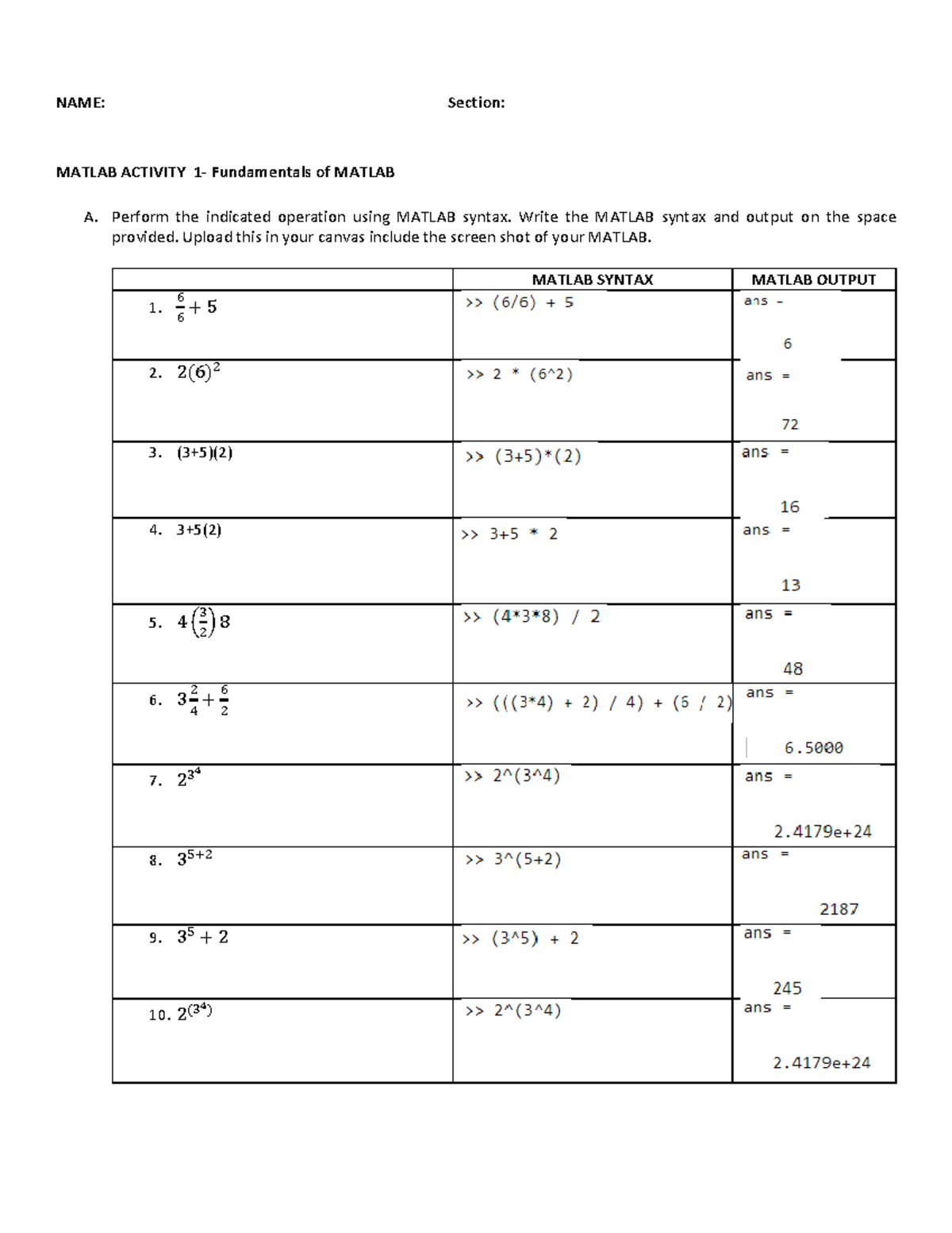 Matlab Activity Practice Materials Part 1 - NAME: Section: MATLAB ACTIVITY 1- Fundamentals of ...