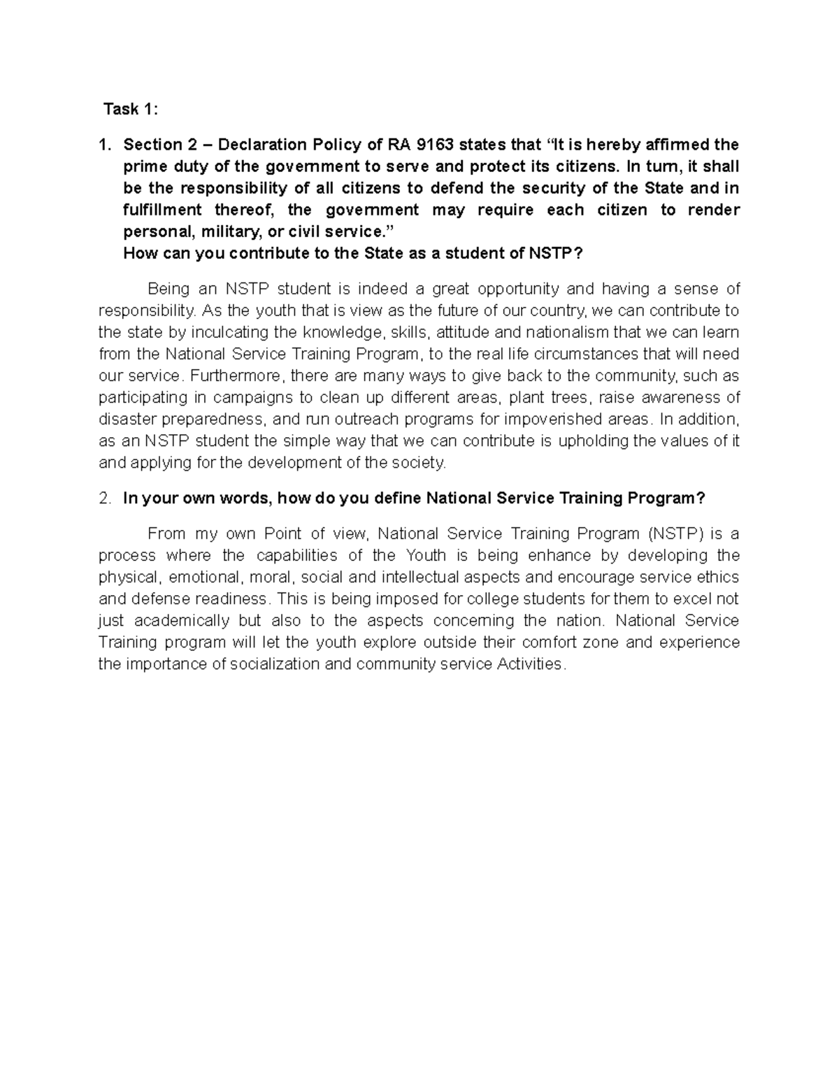 NSTP - Task 1: Section 2 – Declaration Policy of RA 9163 states that ...