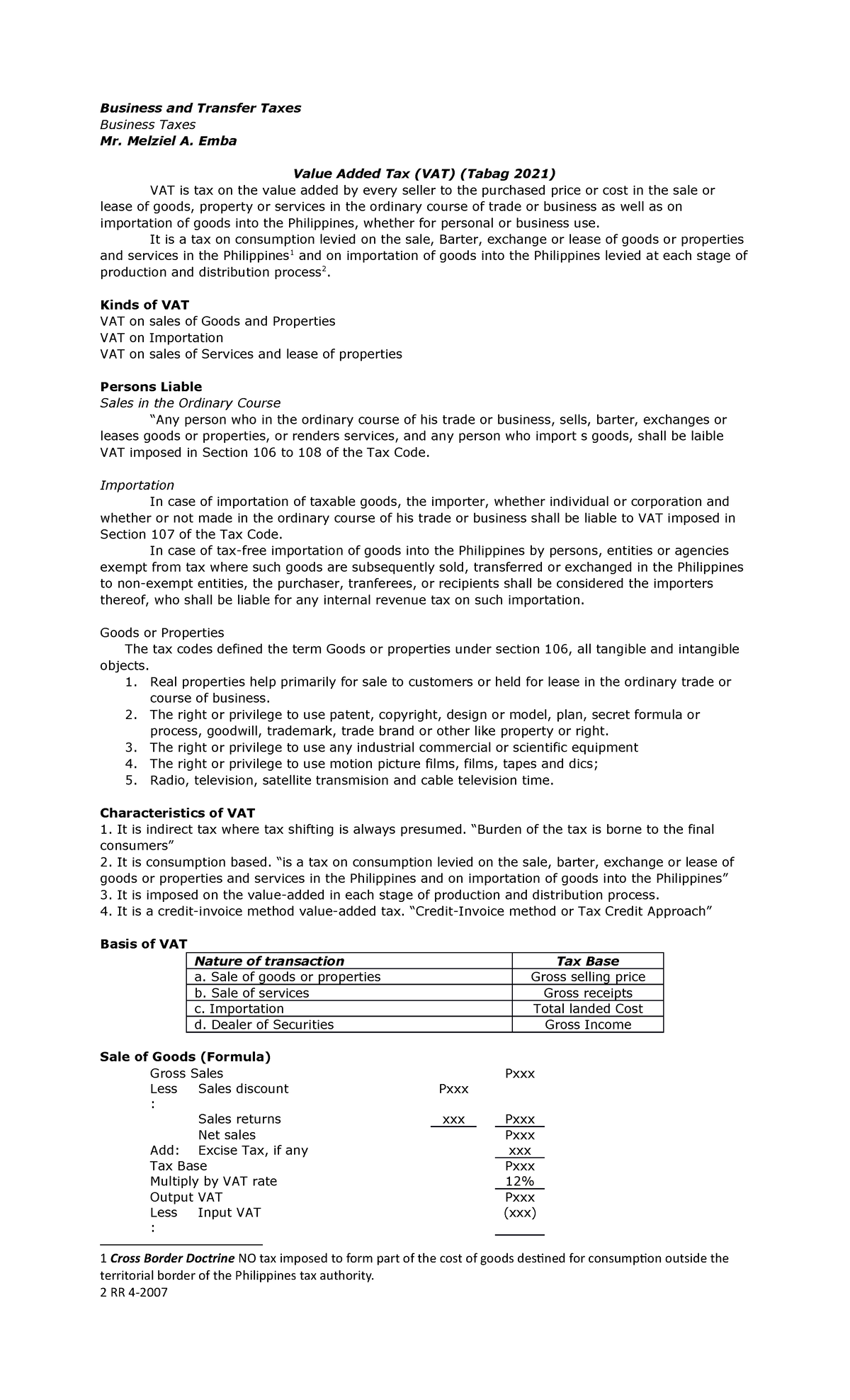 VAT-Part-1 - assignment - Business and Transfer Taxes Business Taxes Mr ...