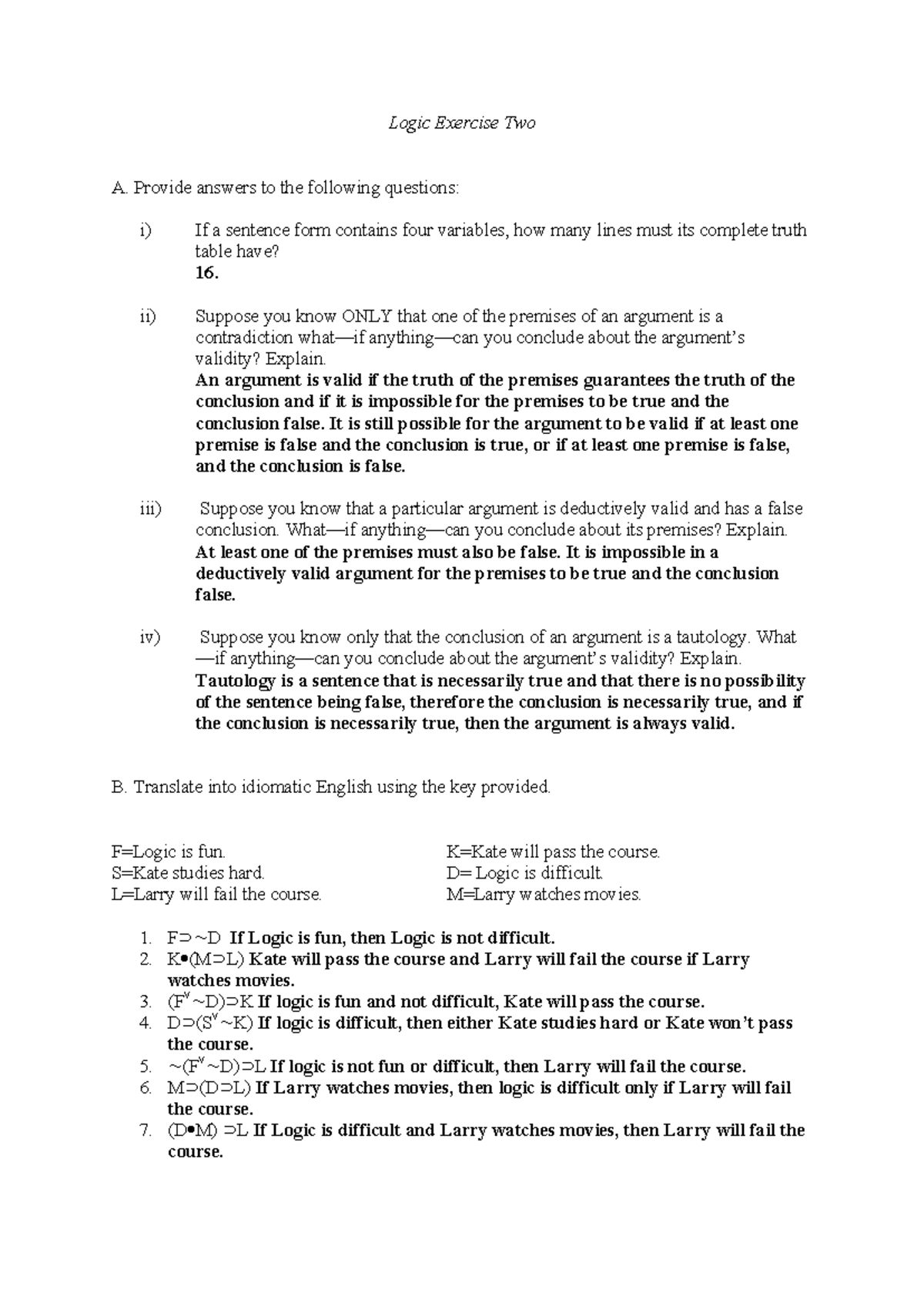 Logic Exercise Two Filled In Answers Logic Exercise Two A Provide Answers To The Following