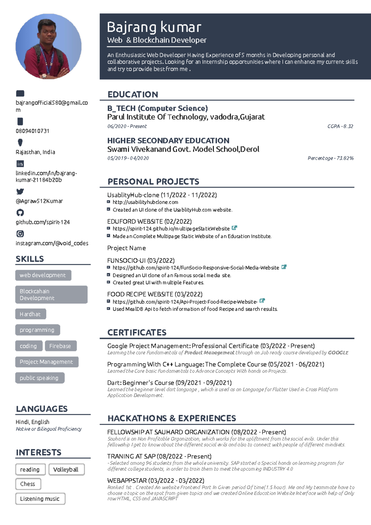 Best sample Resume - Bajrang kumar Web & Blockchain Developer An Enthusiastic Web Developer ...