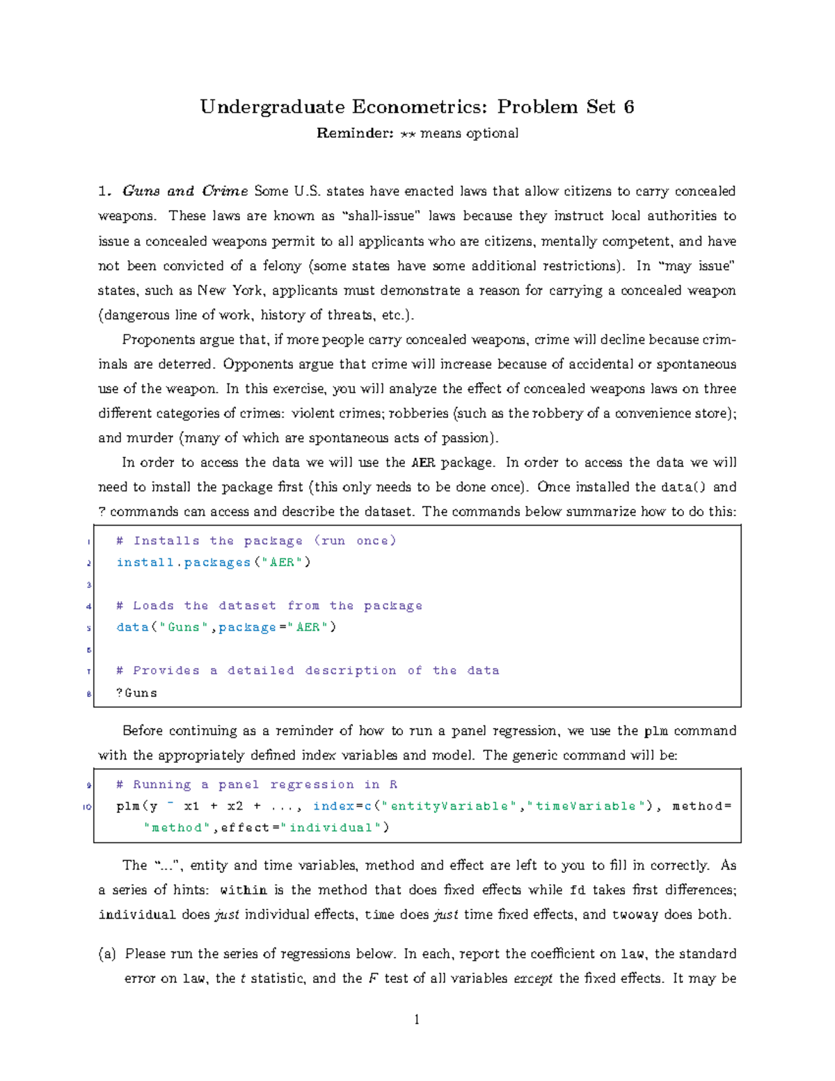 Rps3 - wefsevserbstbrstnse - Undergraduate Econometrics: Problem Set 6 Reminder: ⋆⋆ means ...