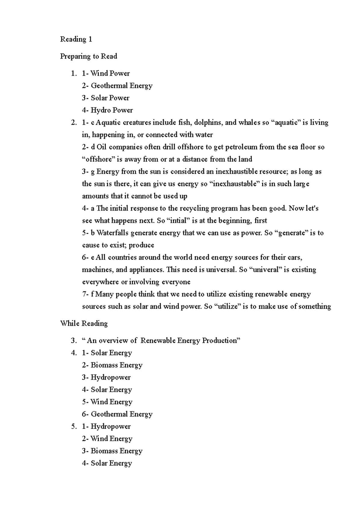 Reading 1 - Reading 1 Preparing to Read 1- Wind Power 2- Geothermal ...