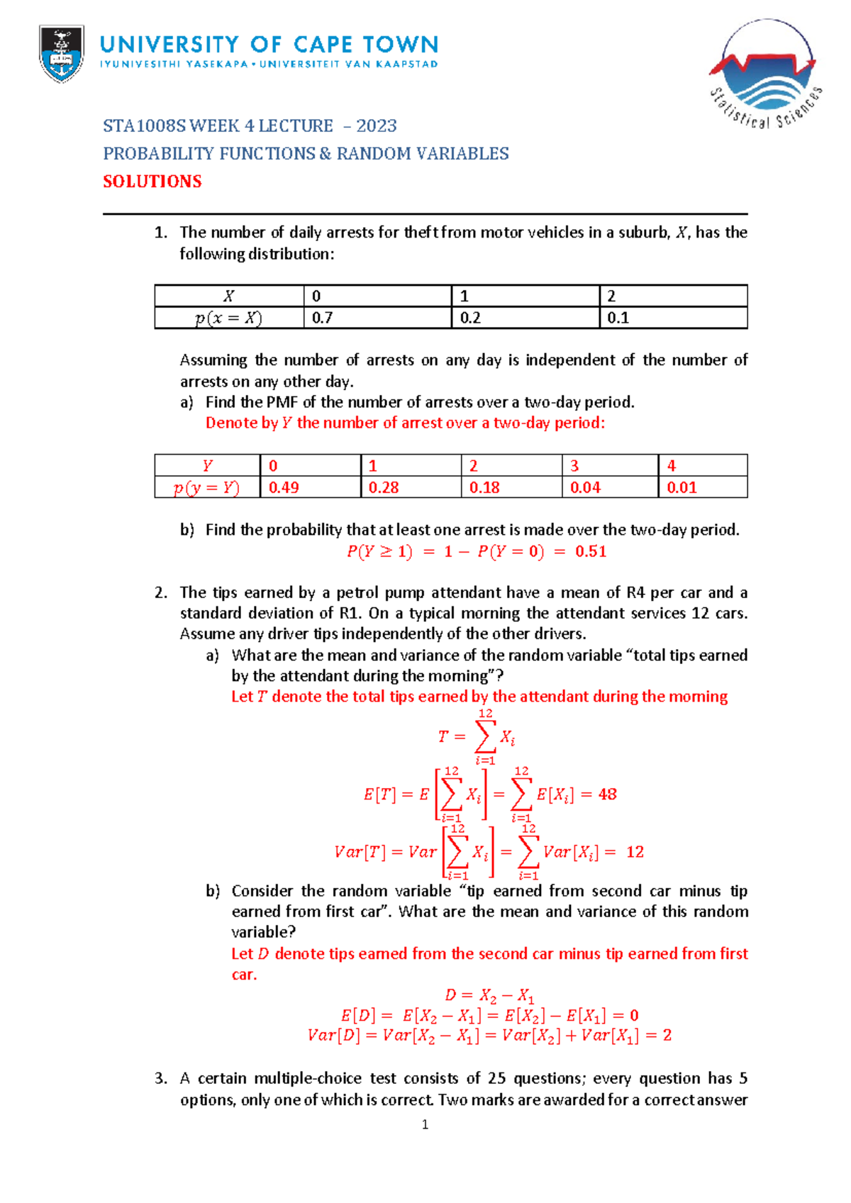 Lecture Week 4 STA1008S 2023 - Solutions - 1 STA1008S WEEK 4 LECTURE – 2023 PROBABILITY ...