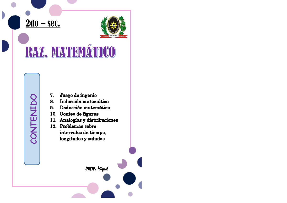 2do-RM - MUY FACILES - Basic Mathematics - RAZ. MATEMÁTICO 2do – sec. CONTENIDO 7. Juego de ...