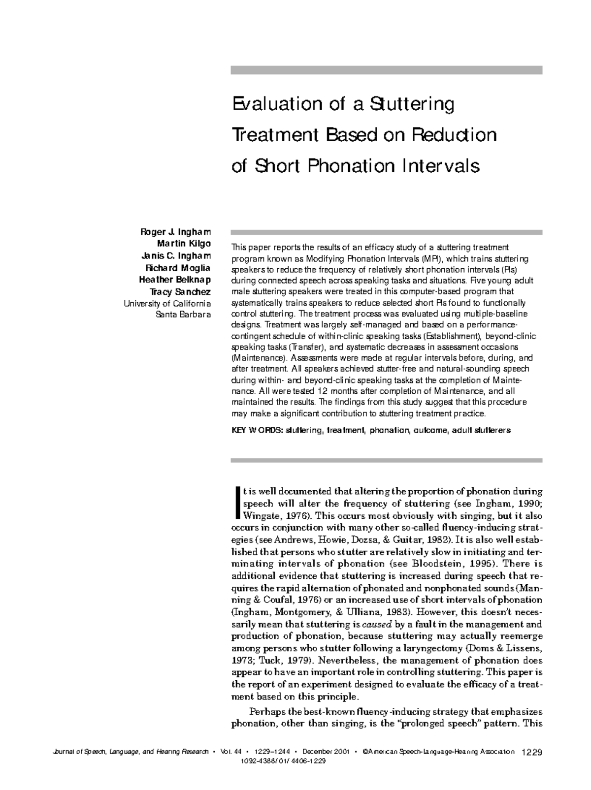 Evaluation of a Stuttering - Ingham et al.:Stuttering Treatment ...