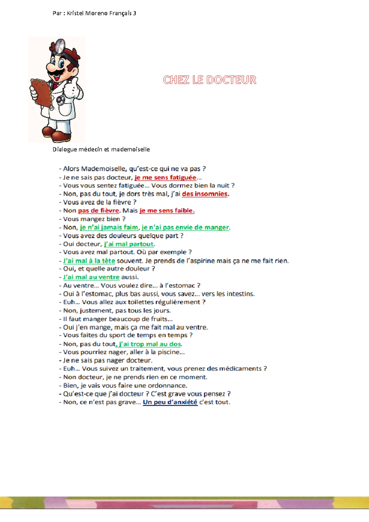 Chez le docteur paola - Trabajo de frances - CHEZ LE DOCTEUR Dialogue ...