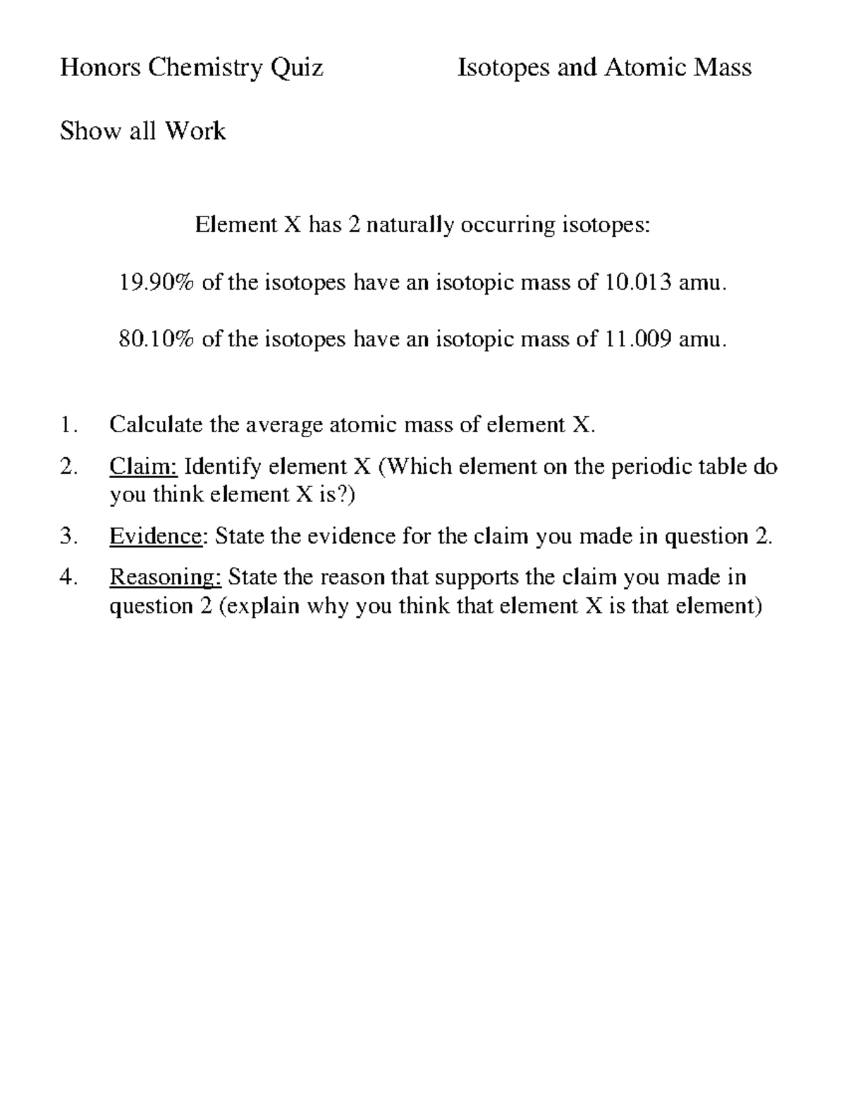 Atomic Mass CERC quiz - Honors Chemistry Quiz Isotopes and Atomic Mass ...