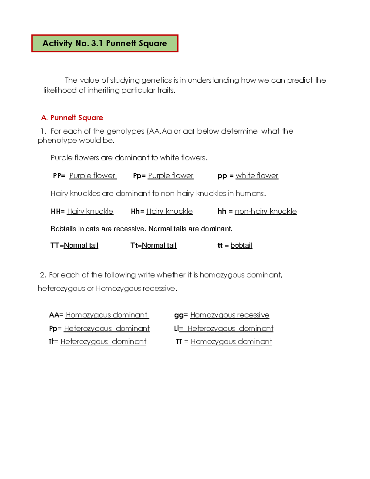 Cytogenetics-Punnett Square Activity - The value of studying genetics ...