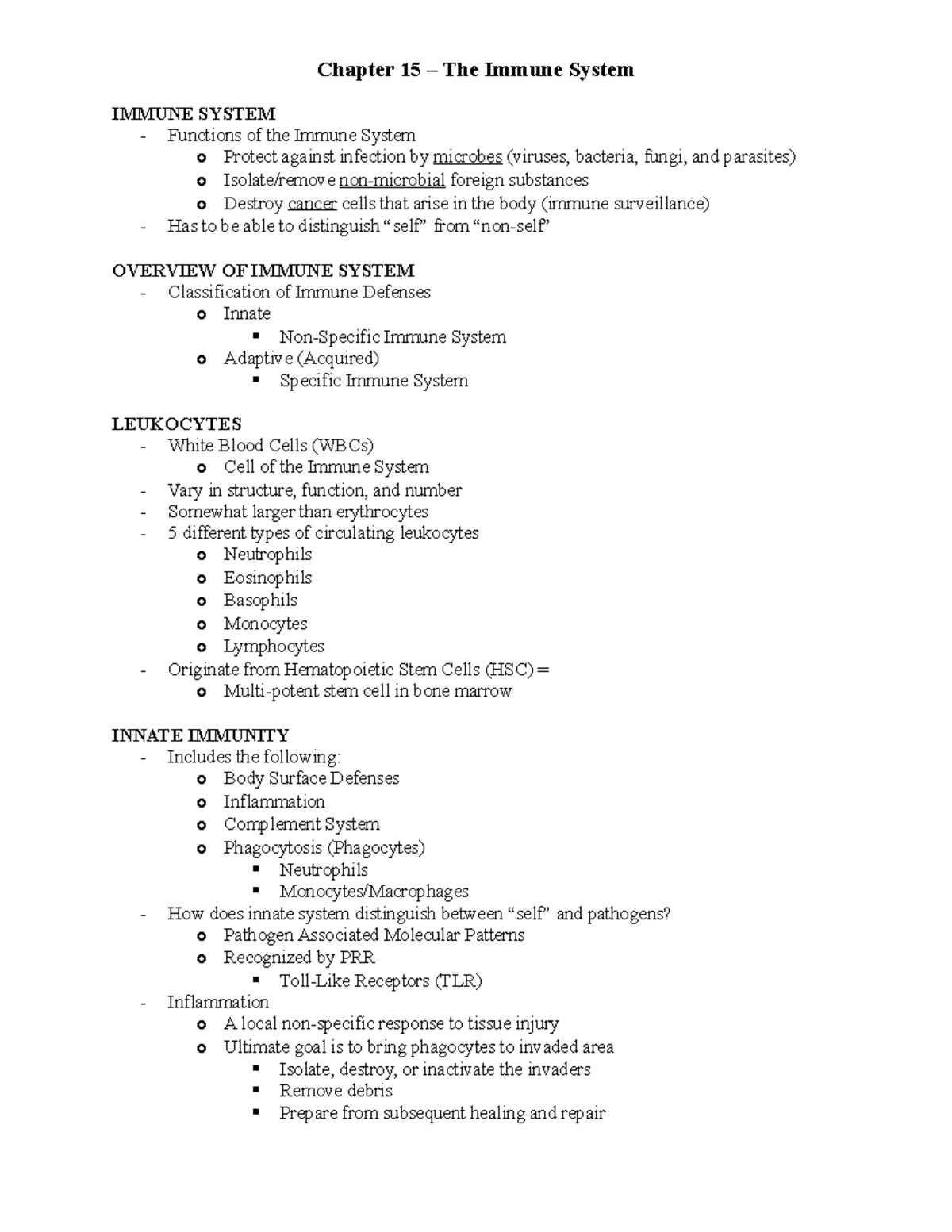 Ch 15 Typed Notes - Chapter 15 – The Immune System IMMUNE SYSTEM ...