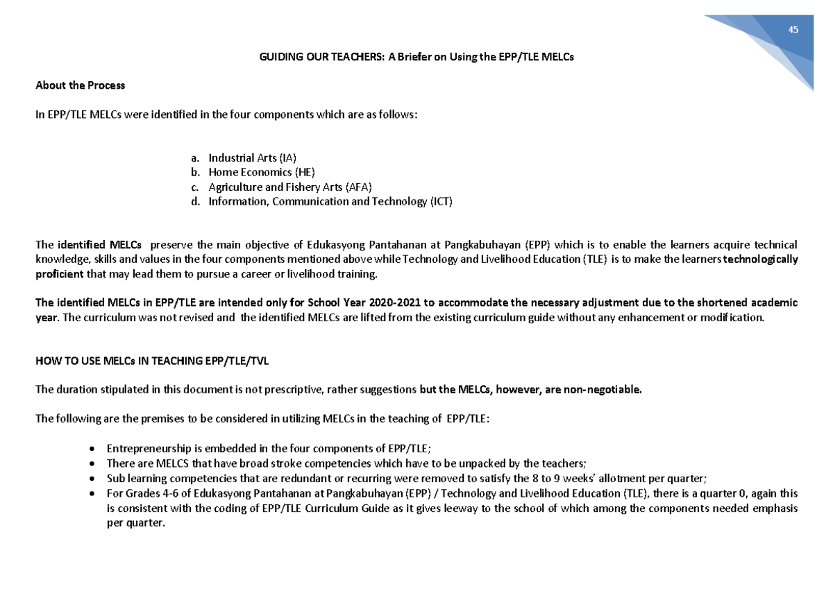 Guide for Teachers in Using the MELCs in EPP TLE - GUIDING OUR TEACHERS ...