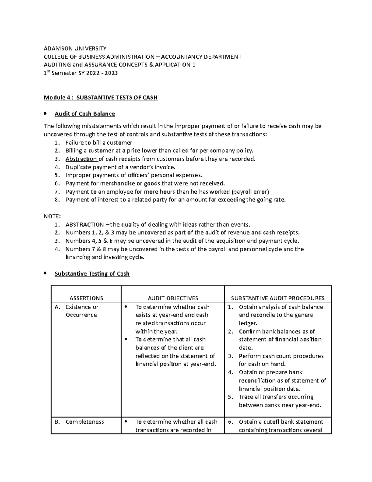 Module 4 - Substantive Tests of Cash - ADAMSON UNIVERSITY COLLEGE OF ...