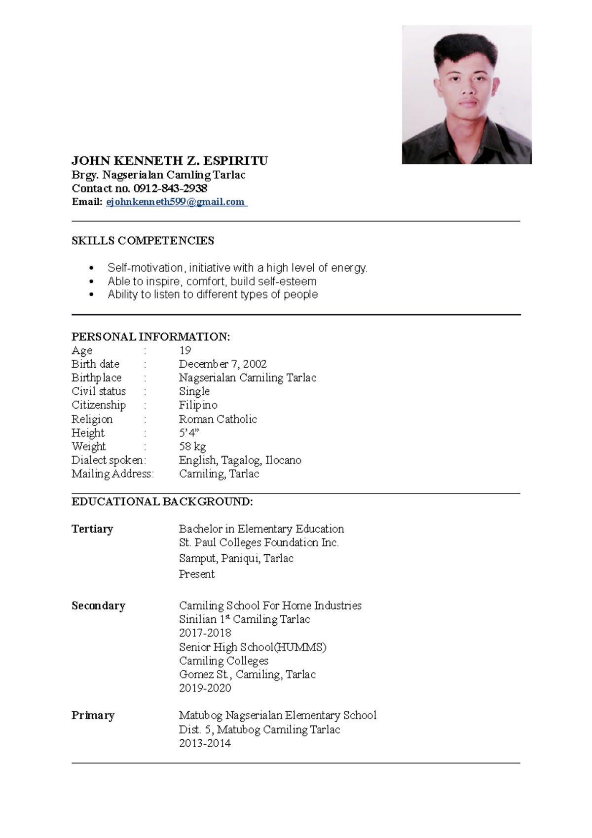 CV2 - sample - JOHN KENNETH Z. ESPIRITU Brgy. Nagserialan Camling ...
