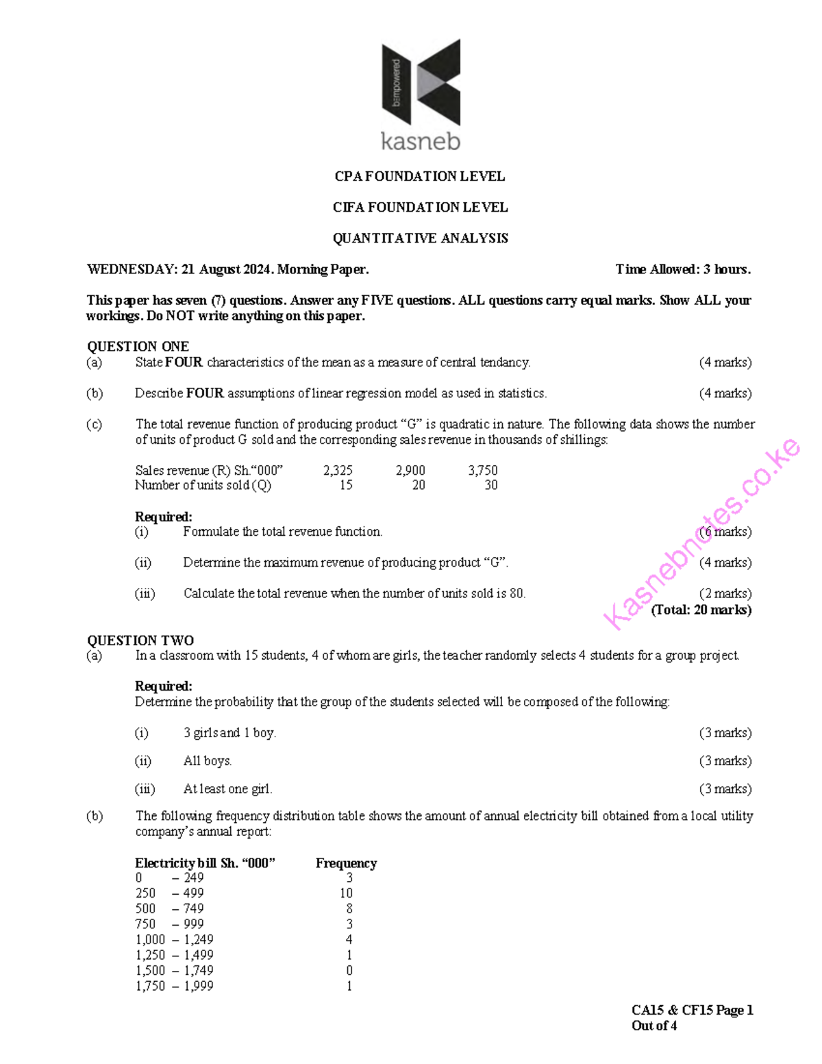 Quantitative Analysis Past Papers Combined 2024 - CA15 & CF15 Page 1 ...