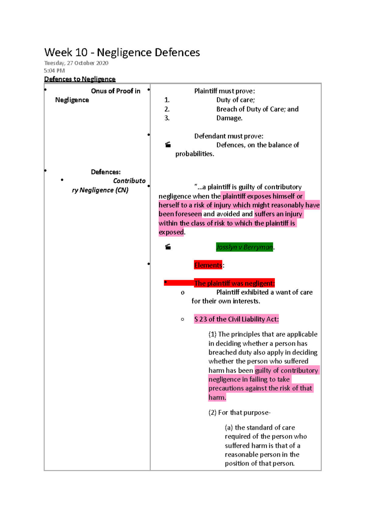 Week 10 - Negligence Defences - Week 10 - Negligence Defences Tuesday ...