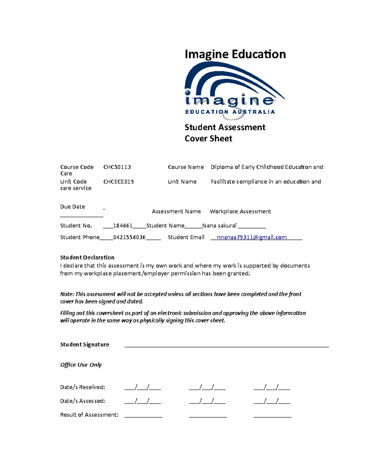 Chcece 019 Student Assessment WP dev na - Imagine Education Student ...