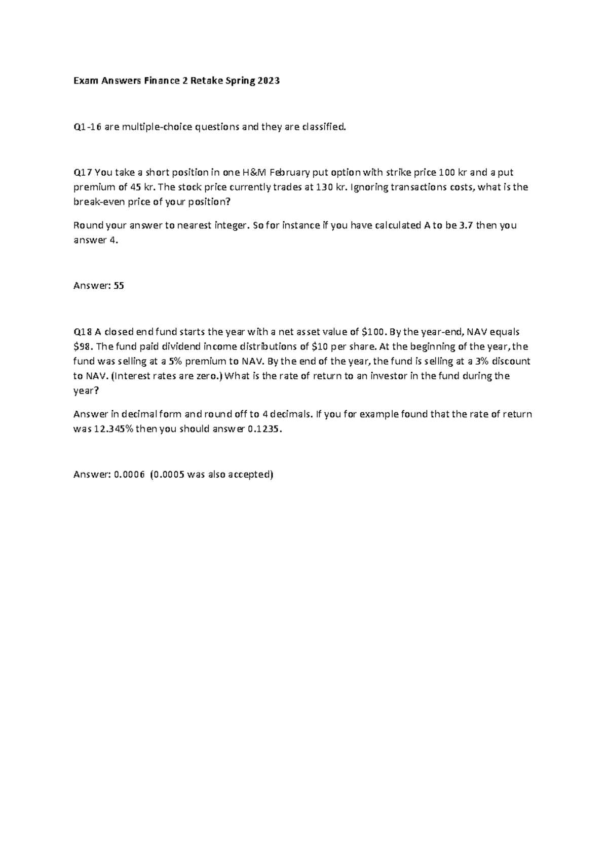 Exam Answers Finance 2 Retake Spring 2023 - Exam Answers Finance 2 ...