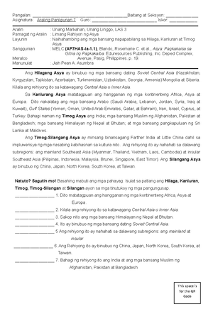 AP7 Q1 W1 LAS2 - Learning Activity Sheet in Araling Panlipunan Grade 7 ...
