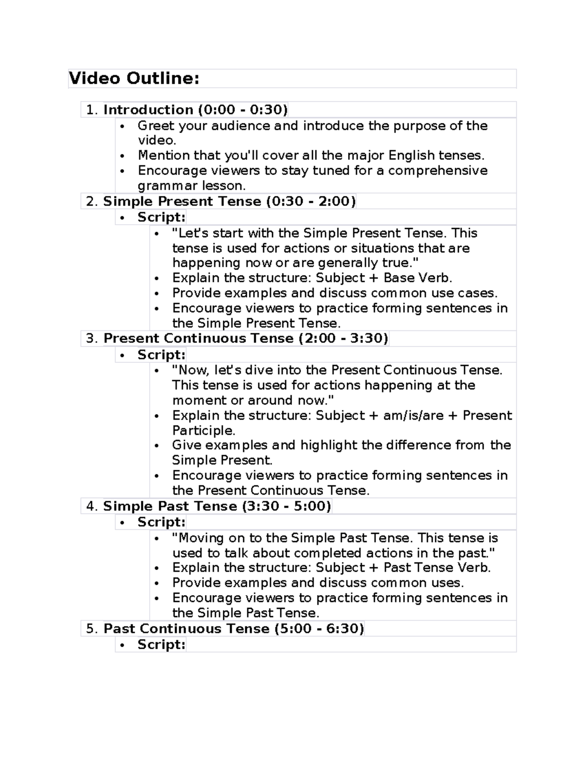 Tenses - Video Outline: 1. Introduction (0:00 - 0:30) Greet your ...
