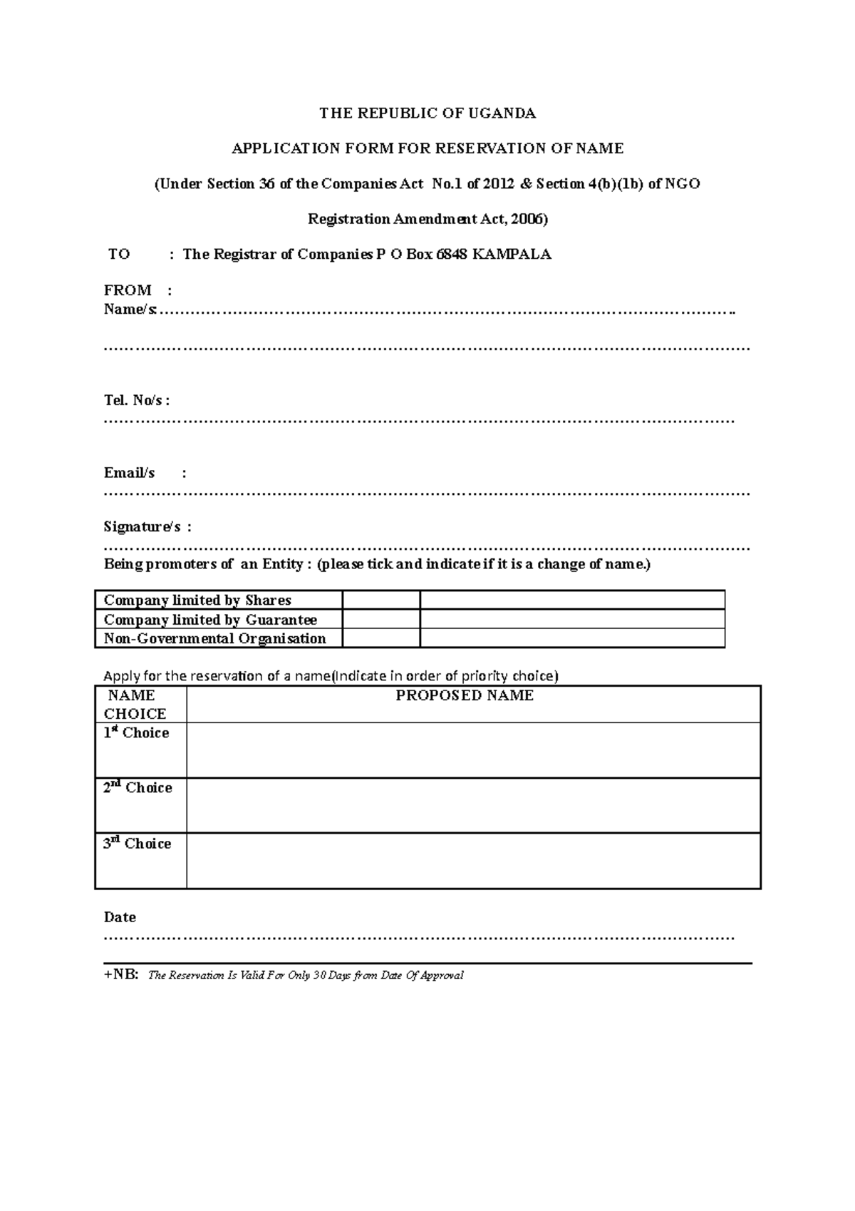 Name-reservation-form - THE REPUBLIC OF UGANDA APPLICATION FORM FOR ...