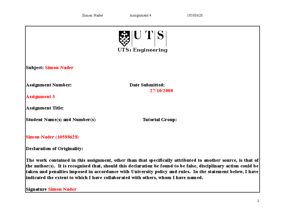 Seminar Assignments 4 - UTS: Engineering Subject: Simon Nader ...