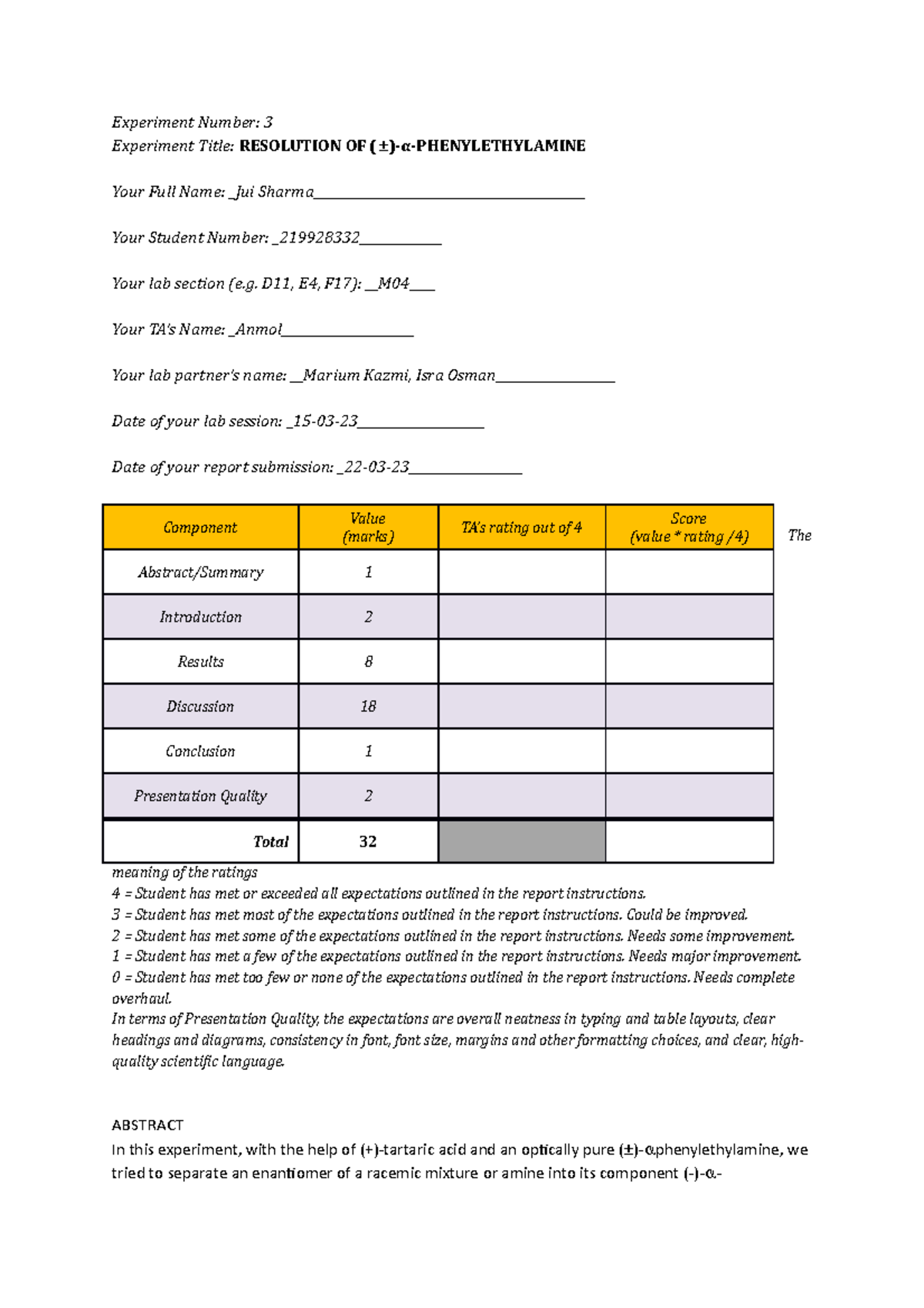 Chem2020 lab report - Experiment Number: 3 Experiment Title: RESOLUTION ...