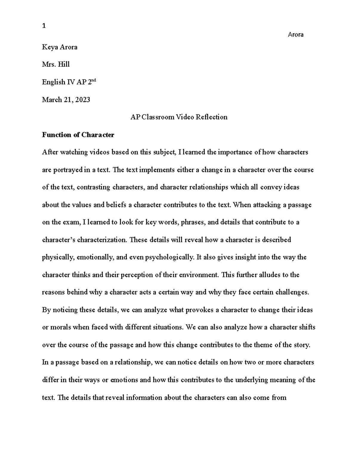 Ap classroom video reflection - Keya Arora Mrs. Hill English IV AP 2nd ...