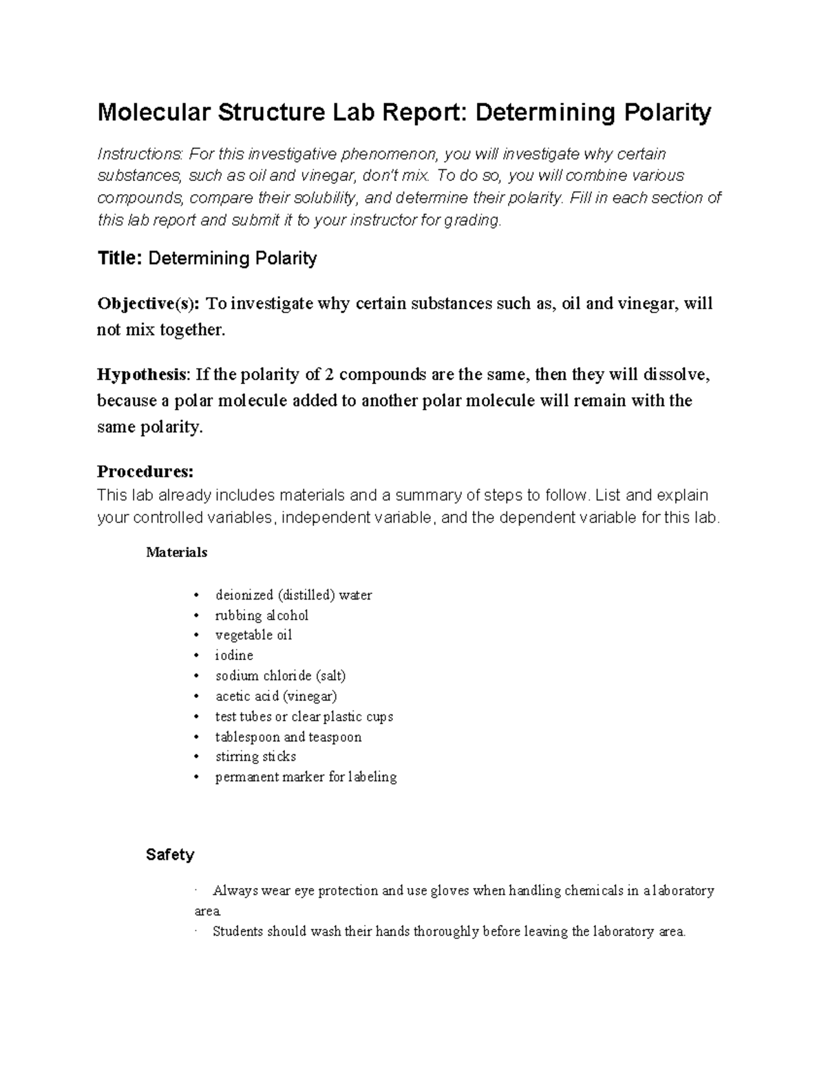 03 - N/a - Molecular Structure Lab Report: Determining Polarity ...