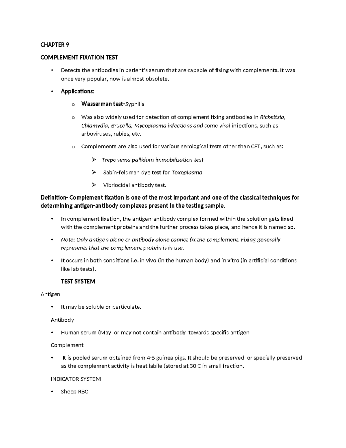 Chapter 9 - medical notes - CHAPTER 9 COMPLEMENT FIXATION TEST Detects ...