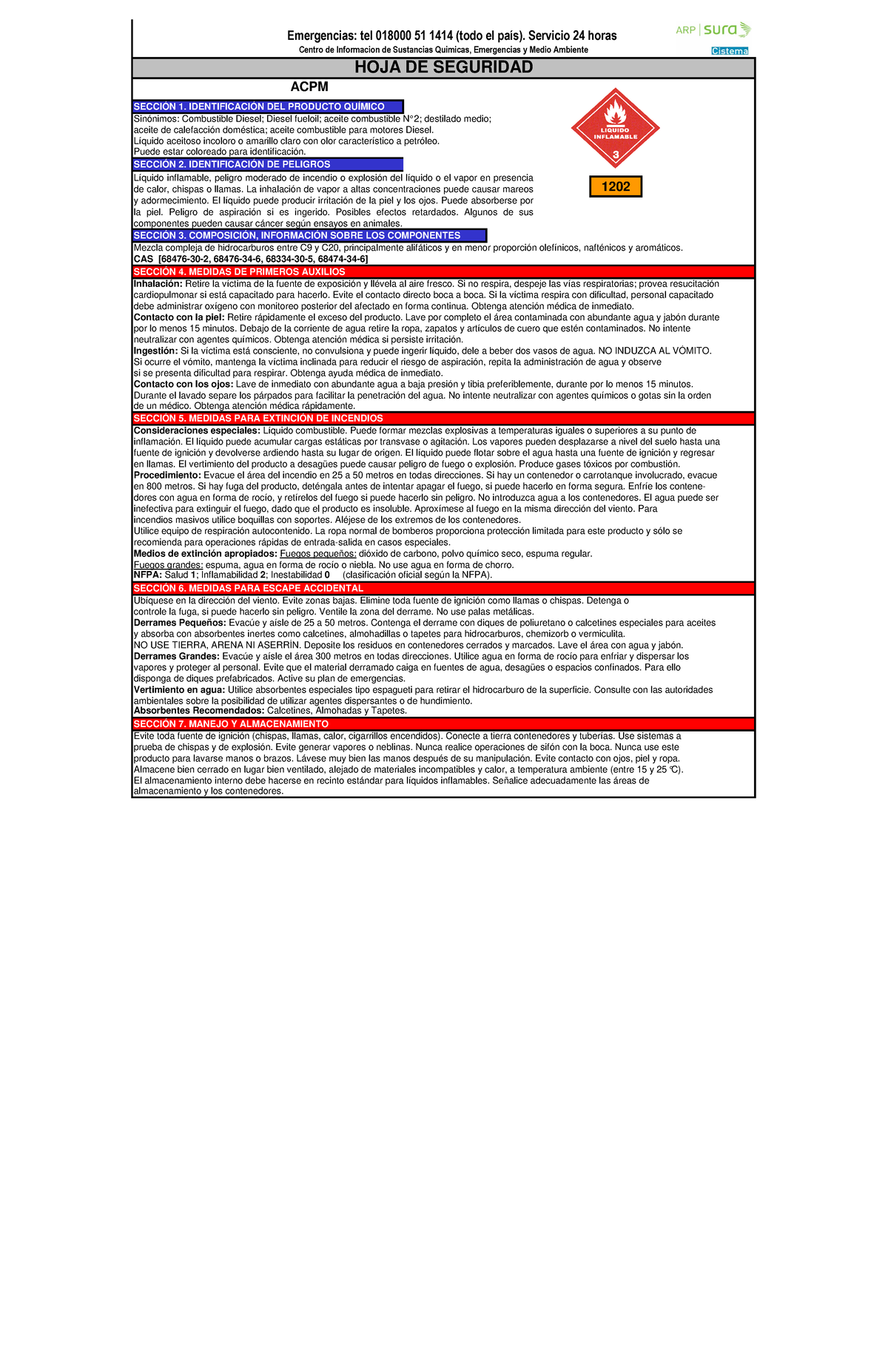 FDS - ACPM (01-2009 ) - ficha de seguridad del acpm - SECCIÓN 1. IDENTIFICACIÓN DEL PRODUCTO ...