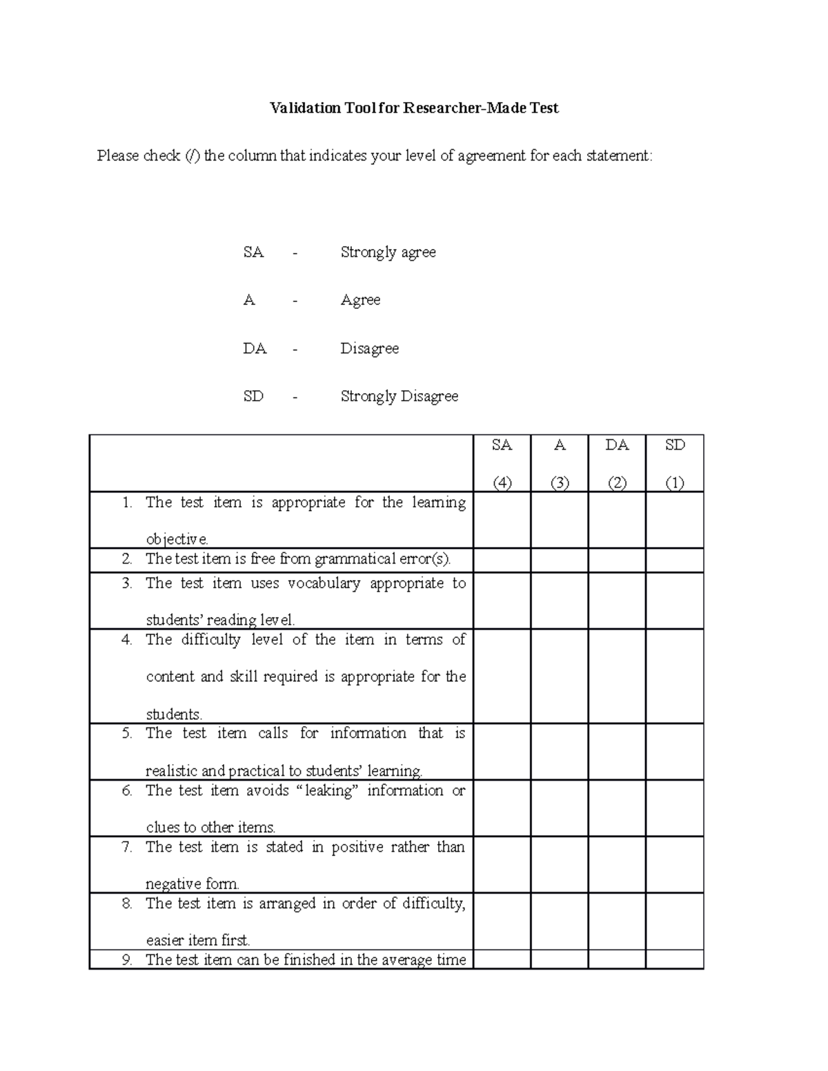 Validation Tool for Researcher - The test item is free from grammatical ...