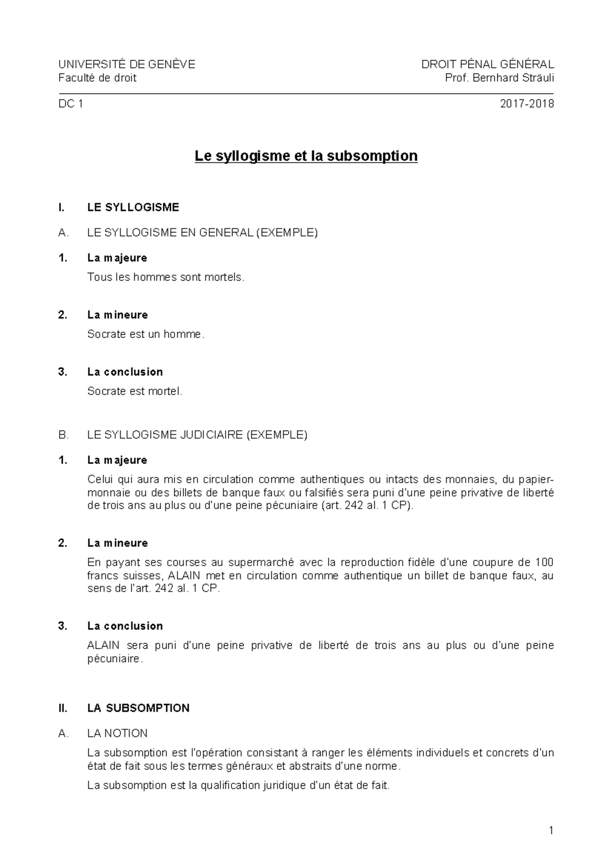 Le syllogisme et la subsomption - DE de droit DROIT Prof. Bernhard DC 1 ...