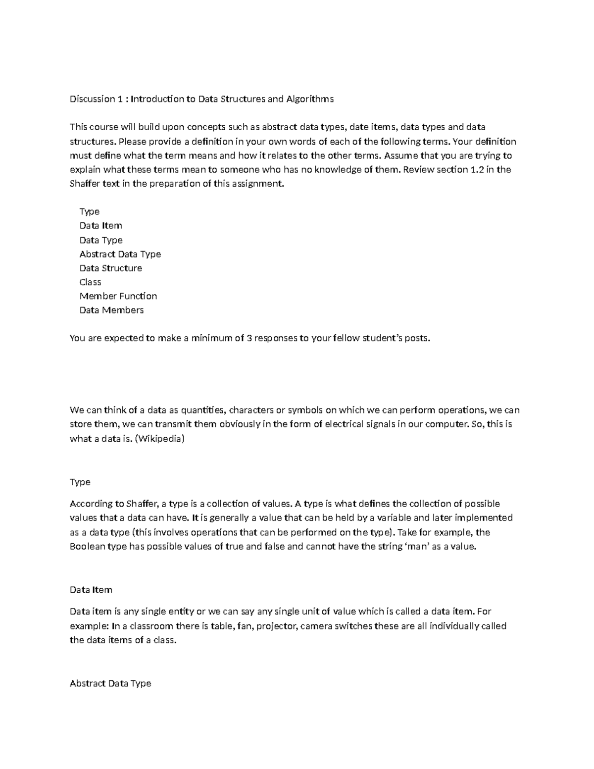 CS 3303 Discussion Forum Unit 1 - Discussion 1 : Introduction to Data Structures and Algorithms ...