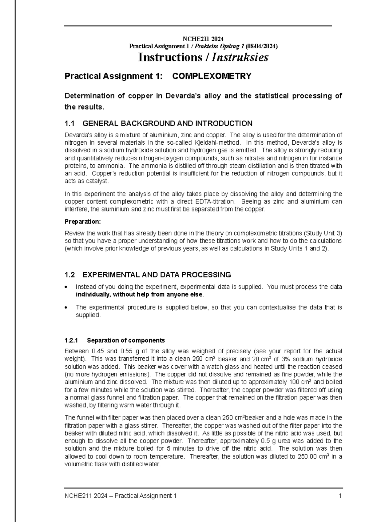 NCHE211 Practical Assignment 1 - NCHE211 2024 Practical Assignment 1 / Prakteise Opdrag 1 - Studocu
