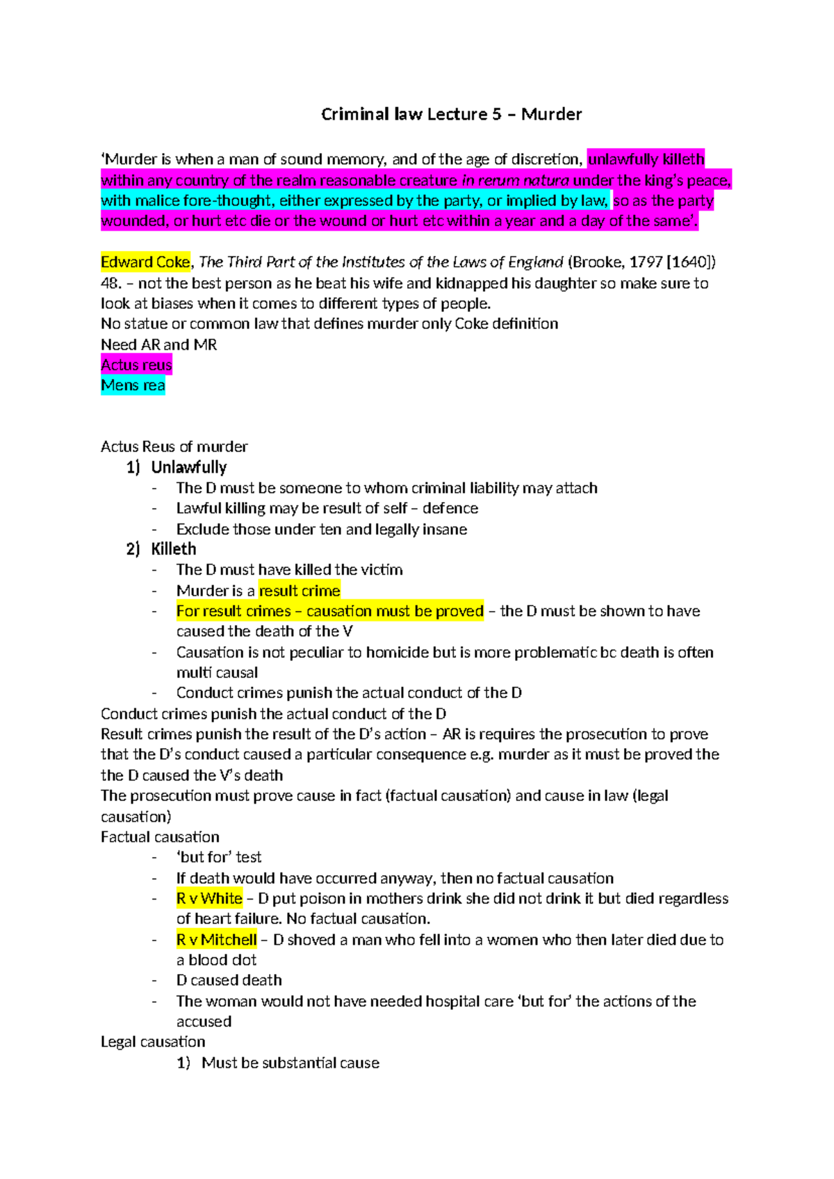 Criminal law Lecture 5 – Murder - Criminal law Lecture 5 – Murder ...