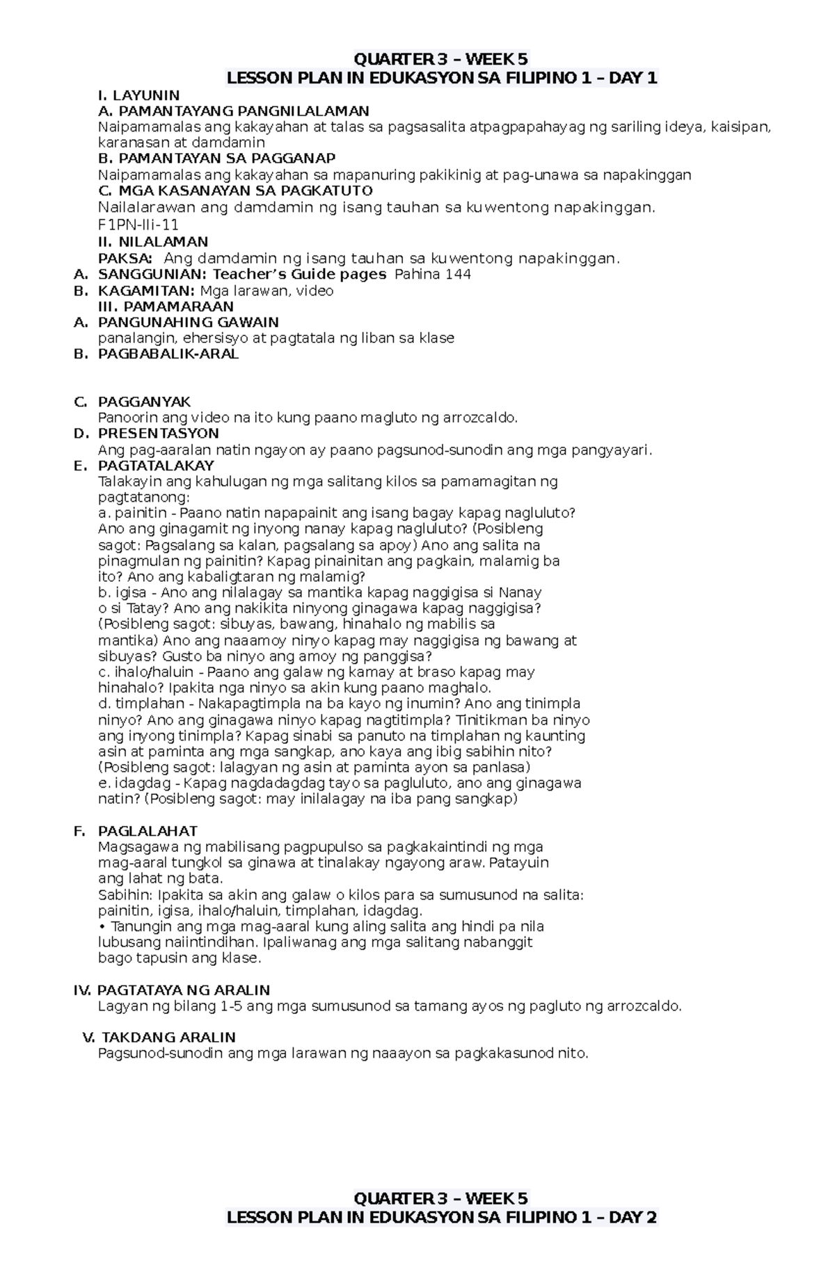 Lesson-PLAN-IN- Filipino -3rd quarter week 2 - QUARTER 3 – WEEK 5 ...