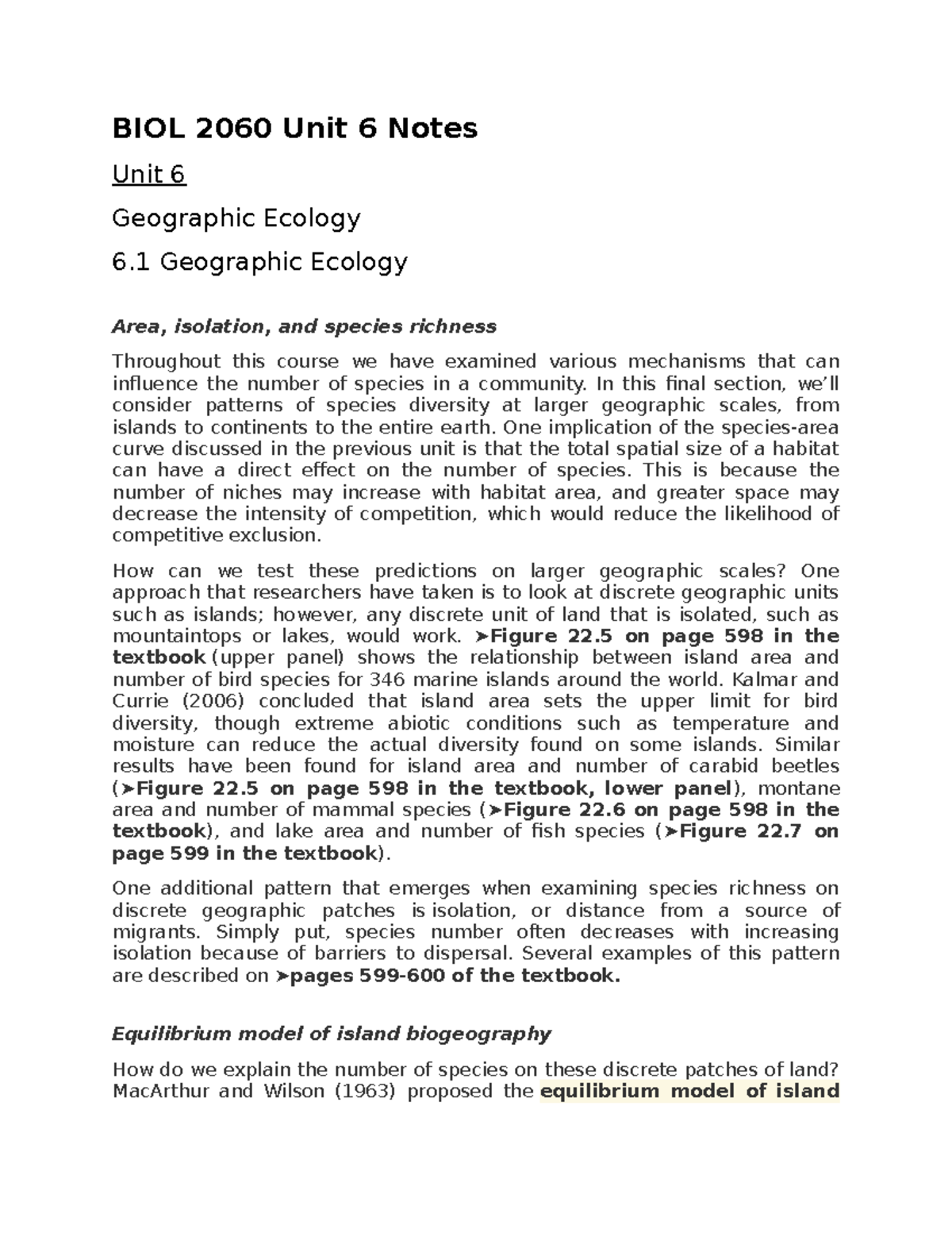 BIOL 2060 Unit 6 Notes - BIOL 2060 Unit 6 Notes Unit 6 Geographic ...