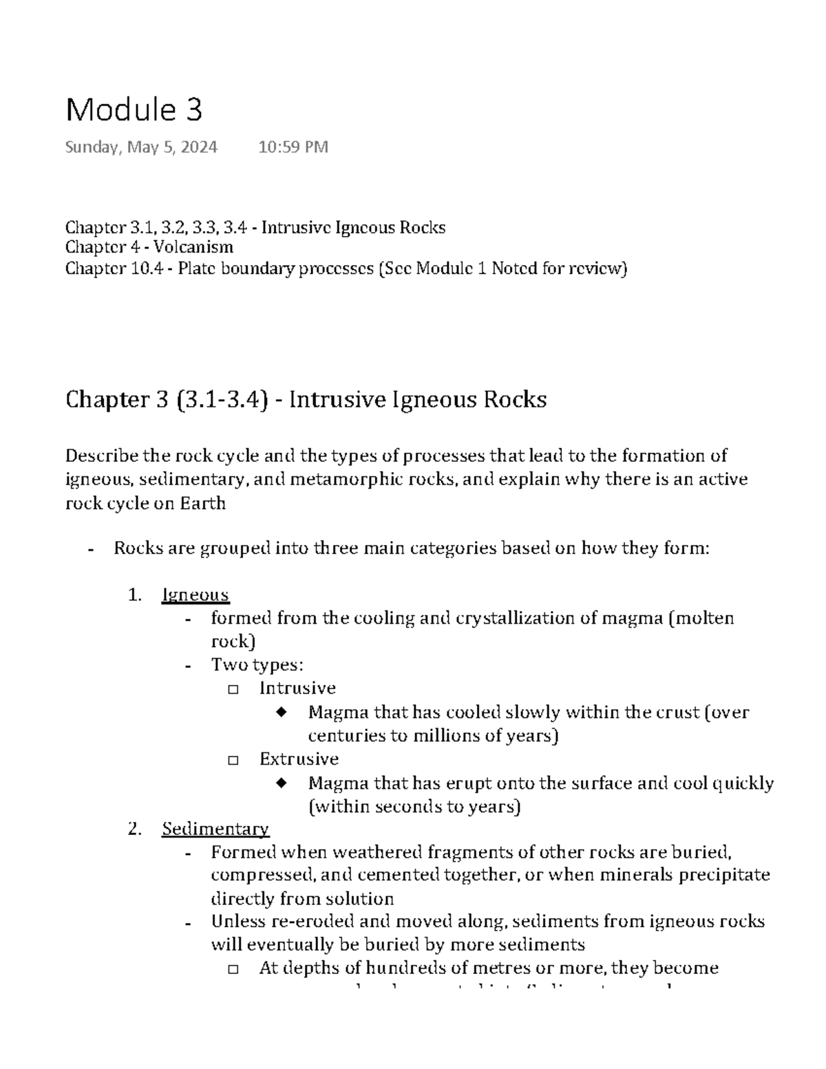 ERTH2012 Module 3 Textbook Notes - Chapter 3, 3, 3, 3 - Intrusive ...