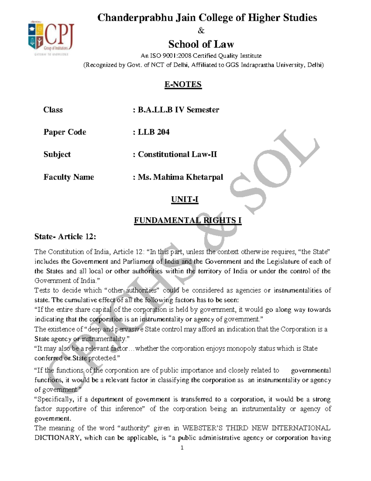 Unit-1-Constitution Law-E-Notes- Ballb - & School of Law An ISO 9001: ...