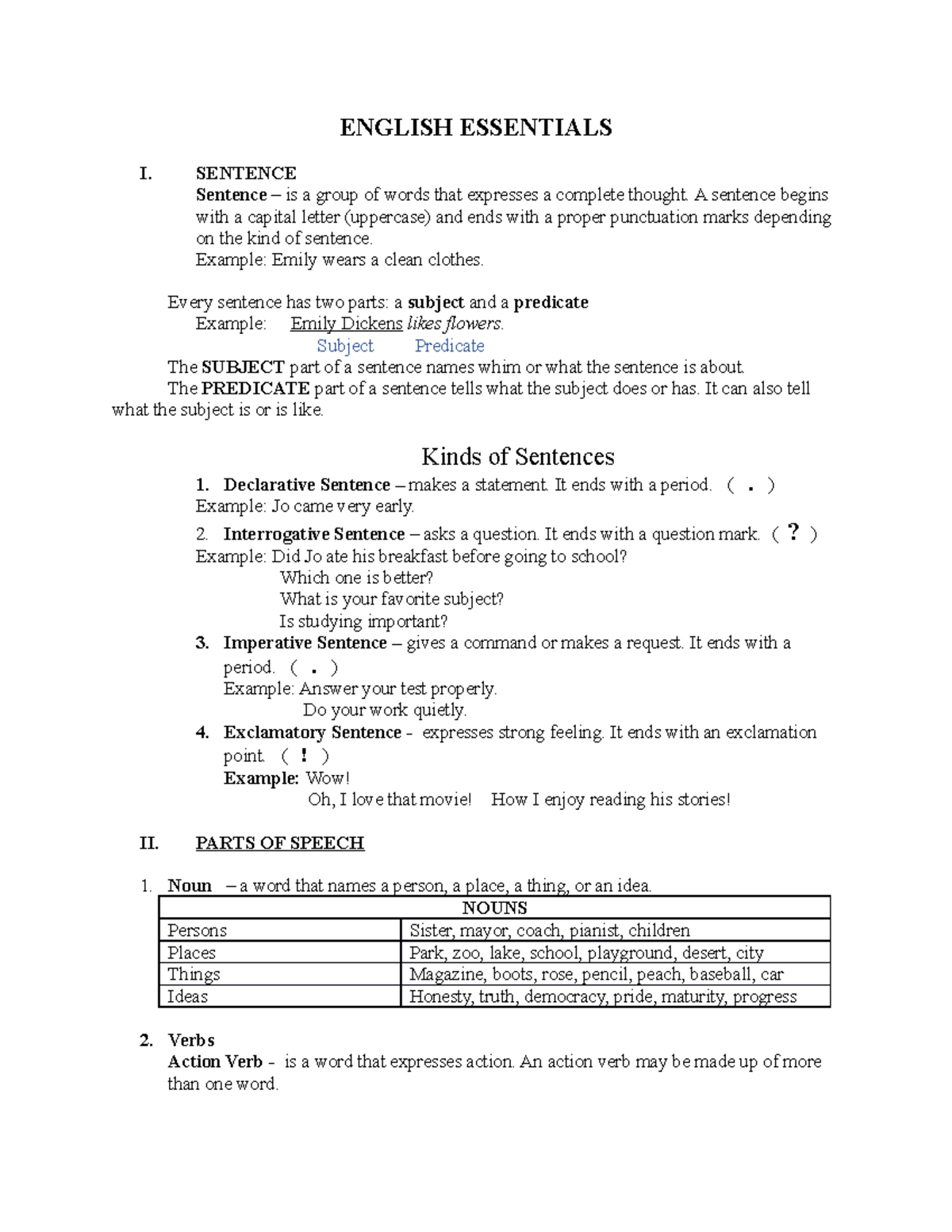 English Essentials ho - ENGLISH ESSENTIALS I. SENTENCE Sentence – is a ...