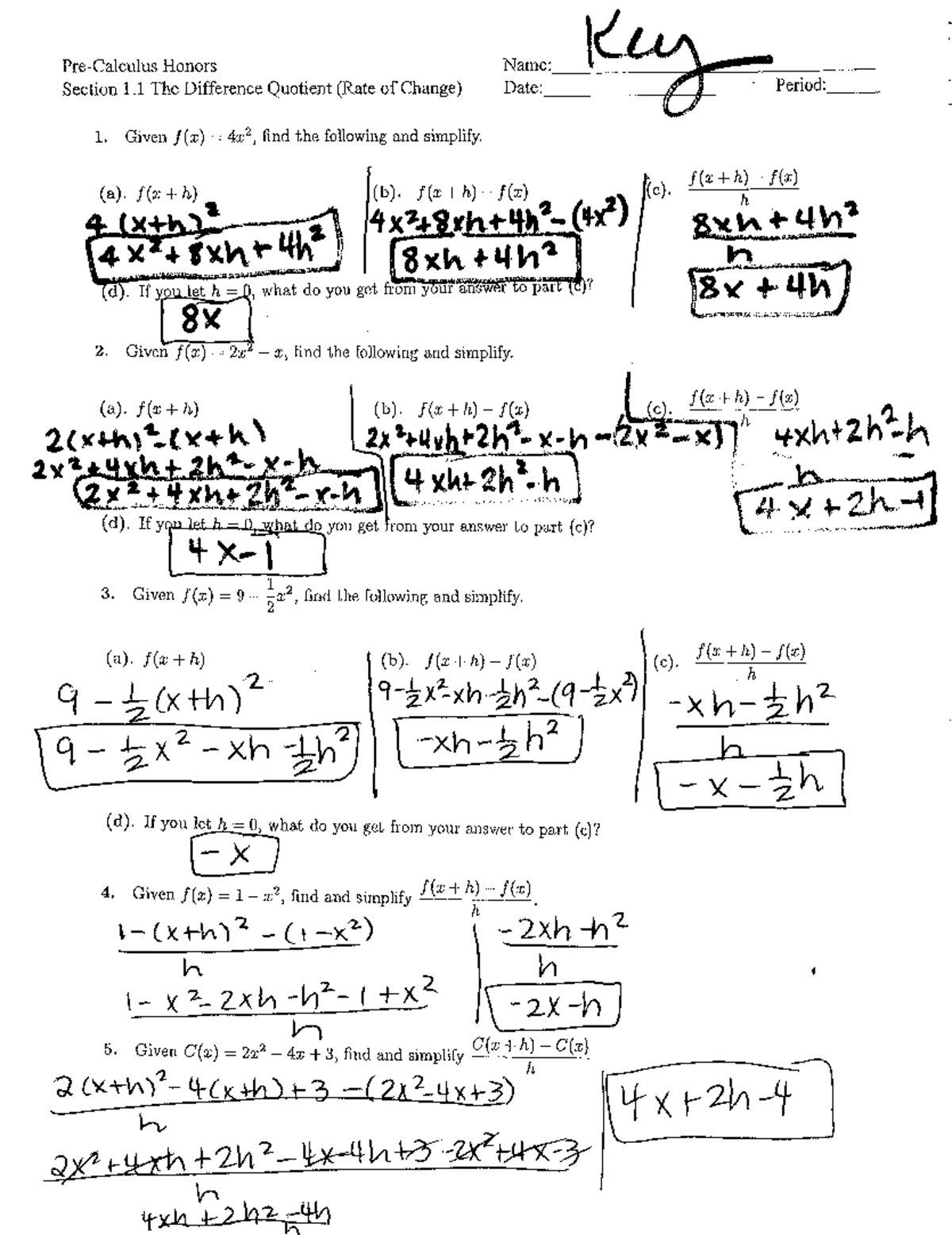 Chapter 1 PCH Worksheet 1.1-Difference Quotient Key - Honors Section 1 ...